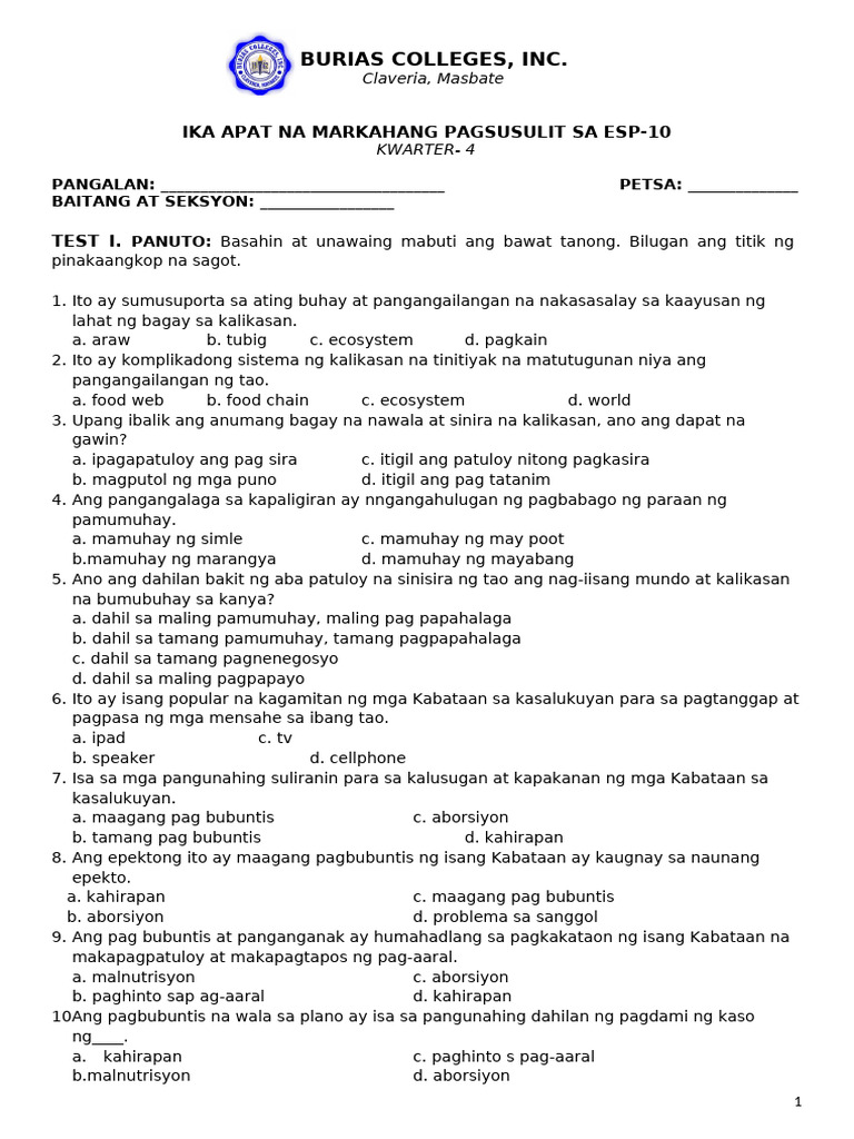 Esp10 Test Questionaire With Answer Key - 2 | PDF