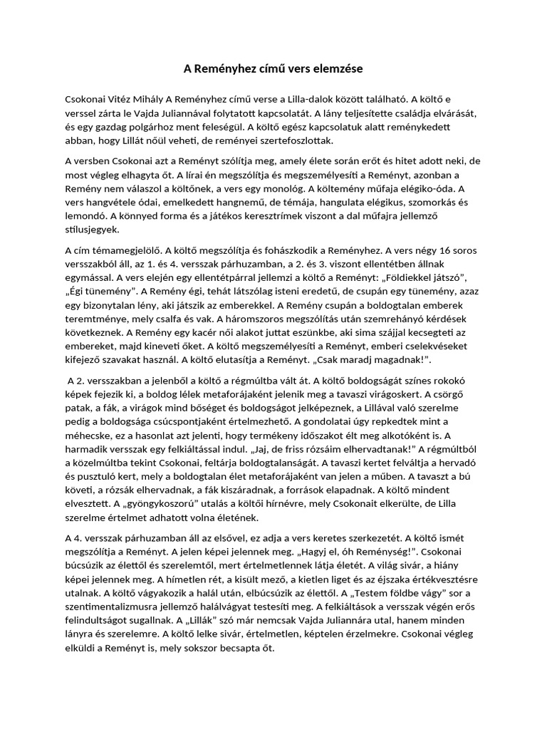 Csokonai Vitéz Mihály A Reményhez Című Verse A Lilla | PDF