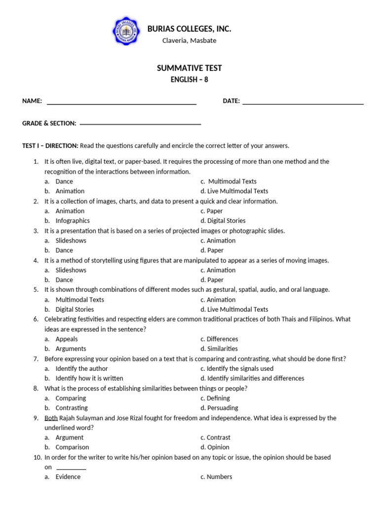 Sample SUMMATIVE TEST (ENGLISH 8) | PDF | Human Communication ...