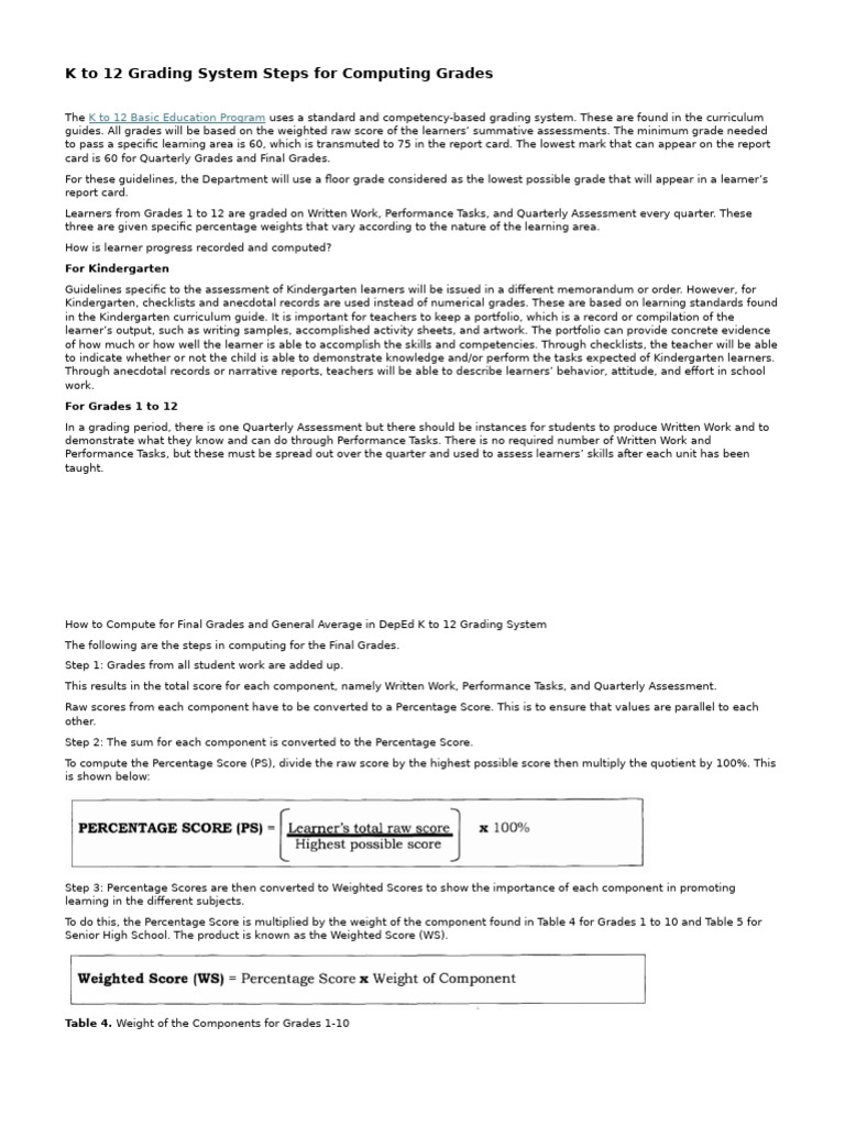 K-12 Grading System: Grade Computation Steps | PDF | Learning ...