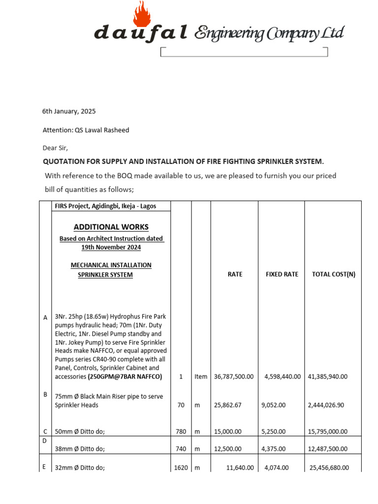 Quotation for Fire Sprinkler System | PDF | Chemical Engineering ...