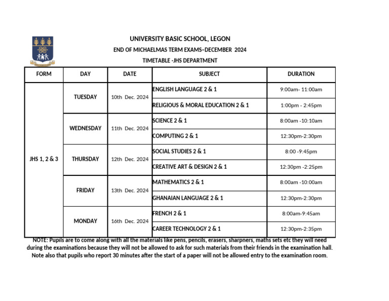 End of Michaelmas Term Examination Timetable-December 2024 | PDF