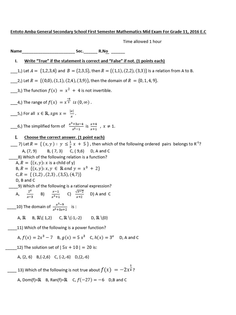 Entoto Amba General Secondary School First Semester Mathematics Mid ...