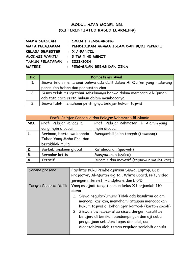 Modul Ajar Model DBL Differentiated Base | PDF