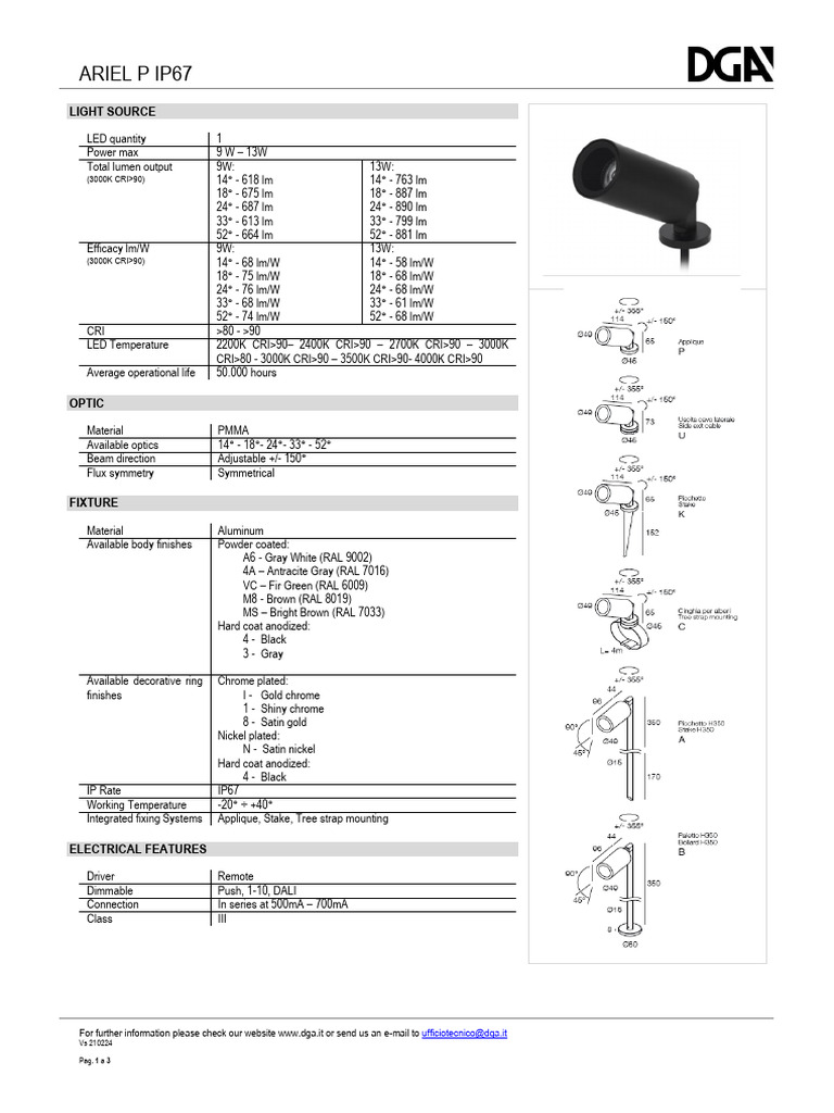 Dga - Ariel-P-Ip67 - Datasheet (Option 2 Spike) | PDF | Equipment | Optics