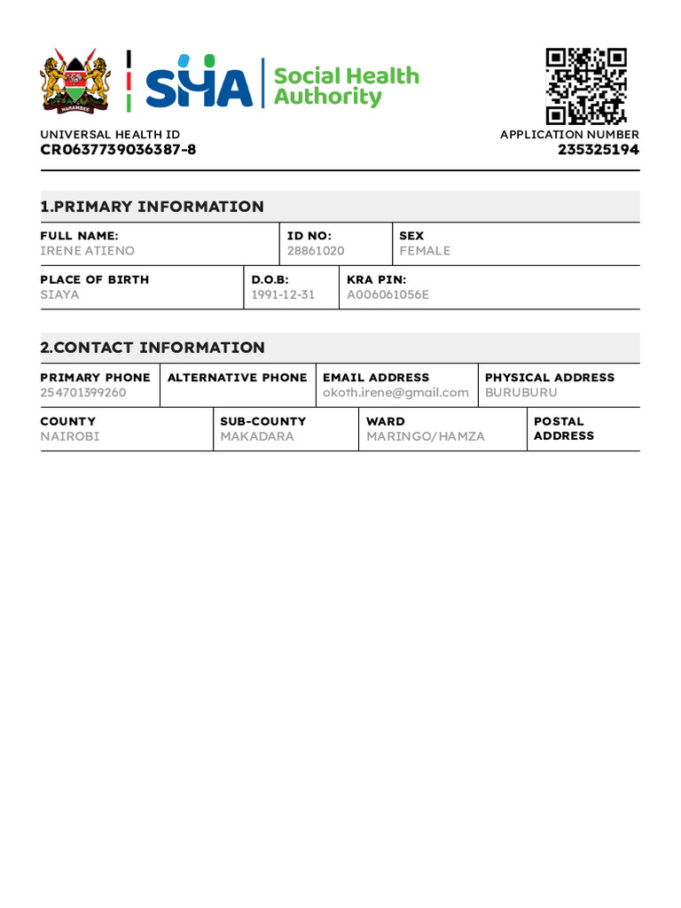 IRENE ATIENO's - SHA - Application - On - 7, January 2025 | PDF