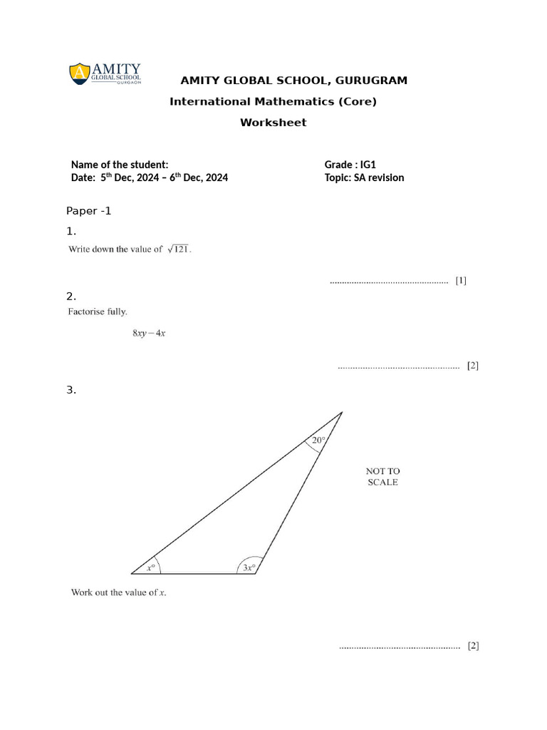 IG1 Math Revision Worksheet 2024 | PDF
