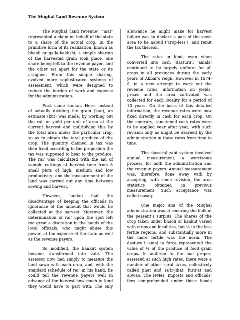 Mughal Revenue: A Historical Insight | PDF | Taxes | Mughal Empire