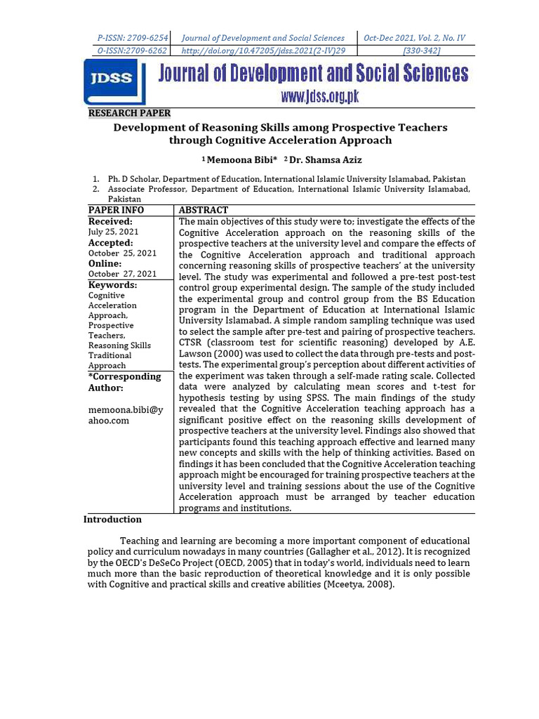 Development of Reasoning Skills Among Pr | PDF | P Value | Experiment