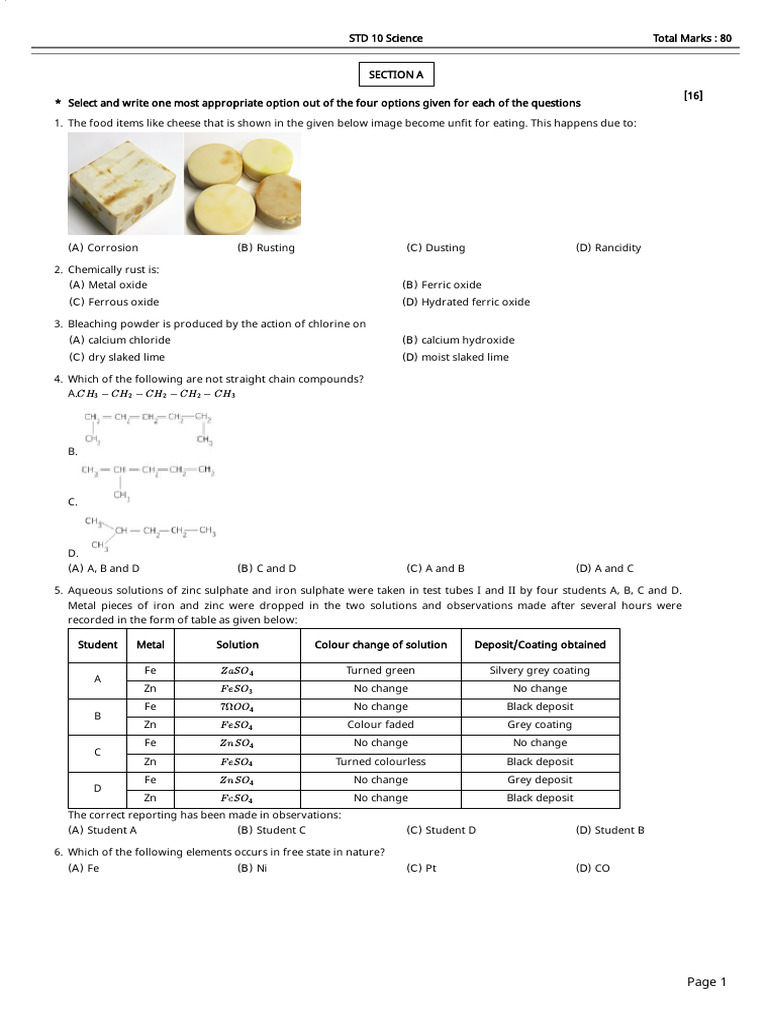 10th Science Preboard Sample PPR | PDF | Acid | Iron