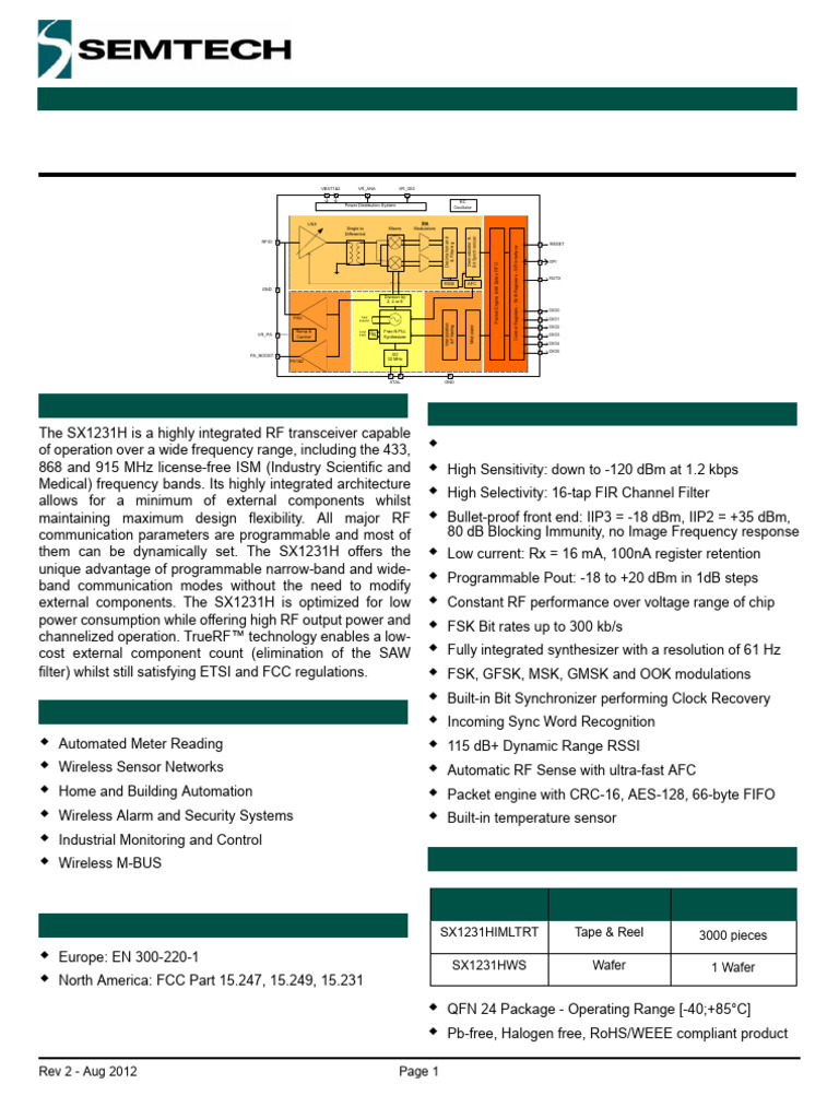 SX1231H DS Rev2.0 STD | PDF | Modulation | Electronic Oscillator