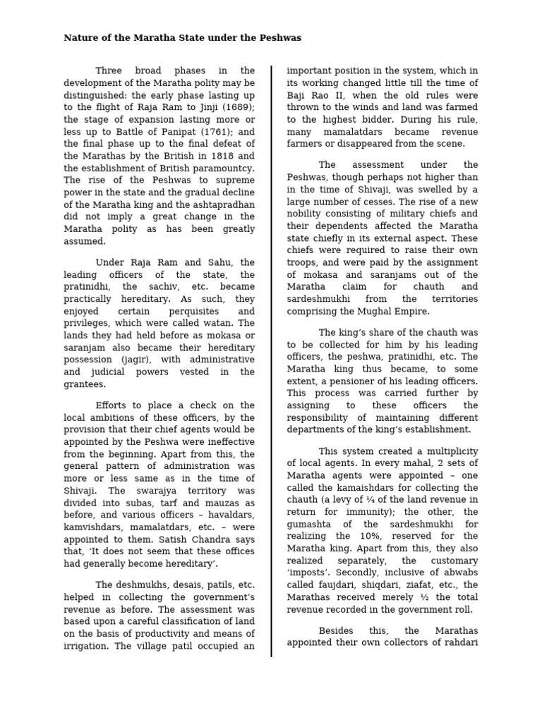 Nature of The Maratha State Under The Peshwas | PDF