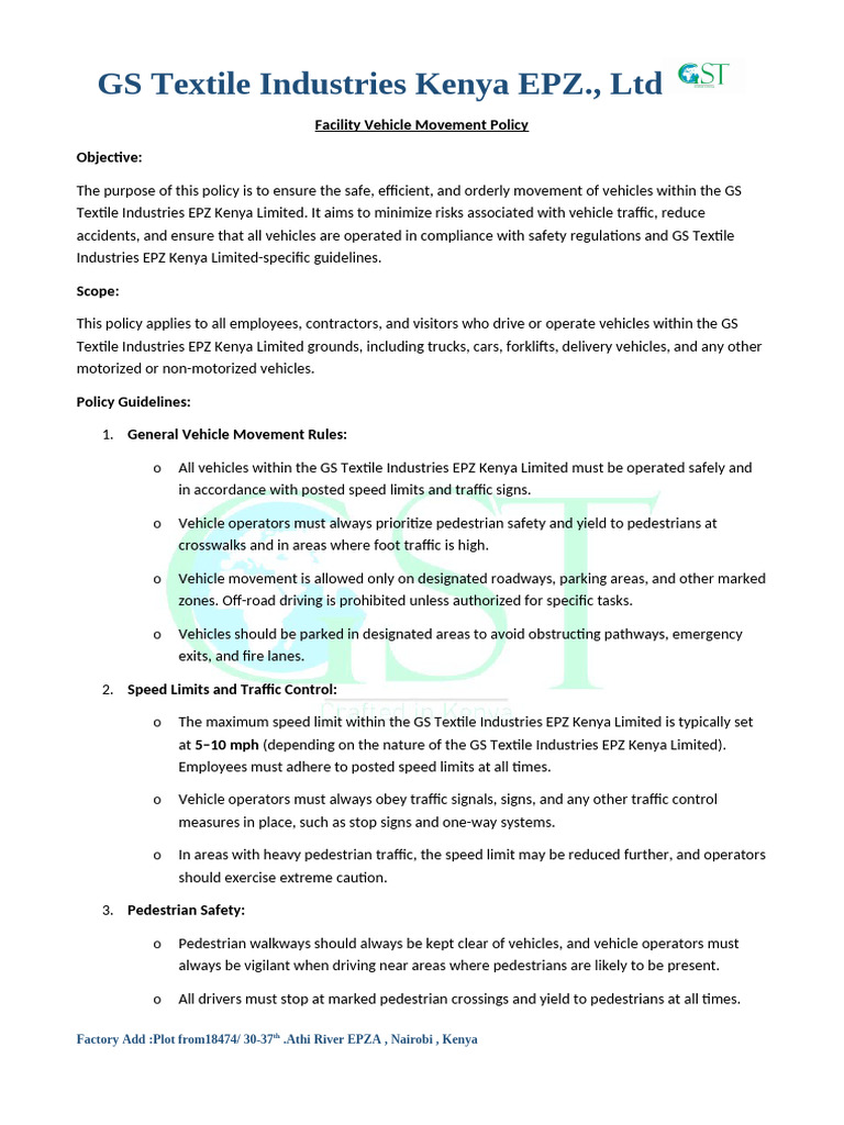 GS Textile Vehicle Movement Policy | PDF | Traffic | Speed Limit