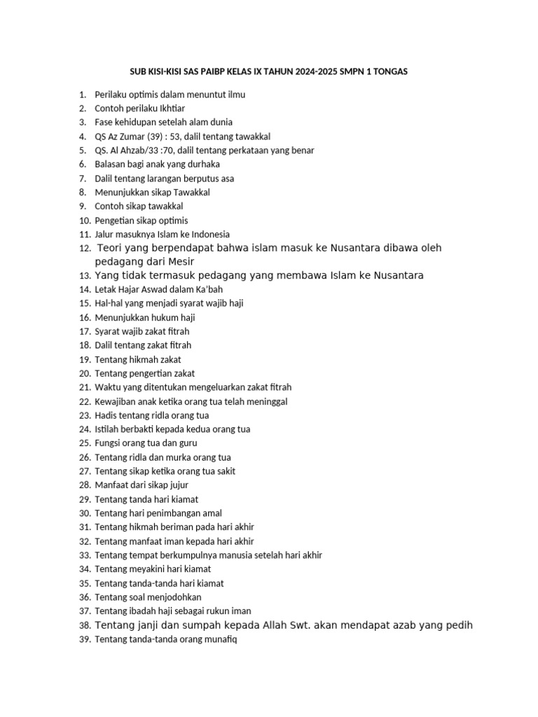 Sub Kisi-Kisi Paibp Ix Ganjil 2024-2025 | PDF