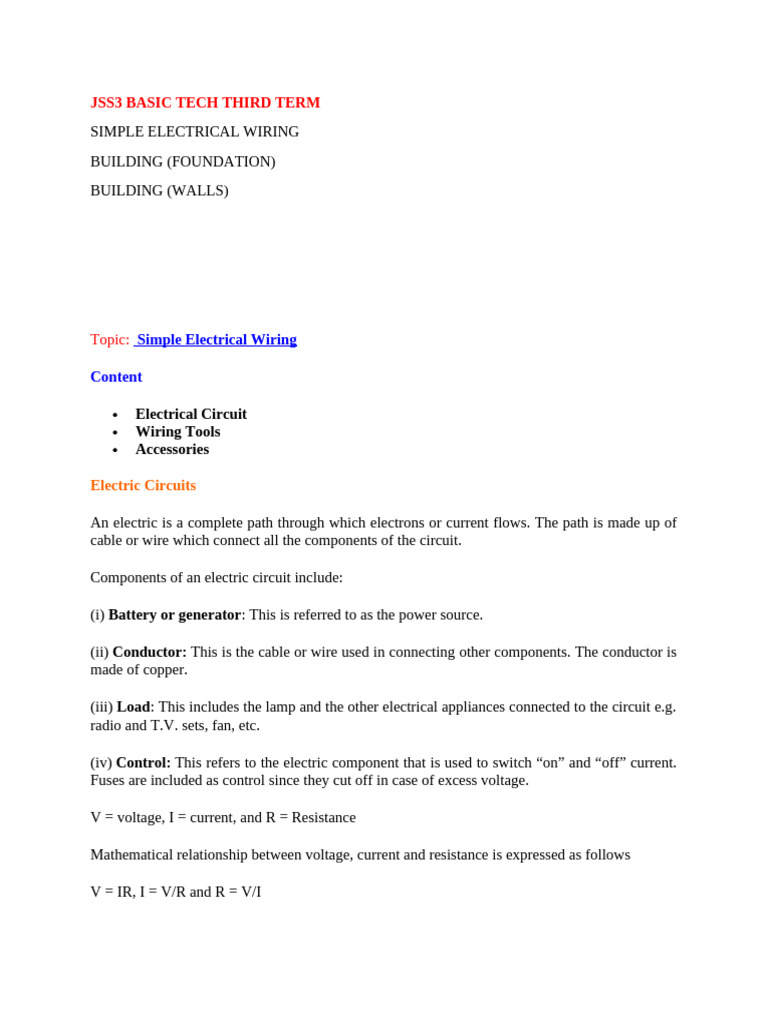 THIRD TERM JSS3 BASIC TECHNOLOGY Npyfrn | PDF | Electrical Wiring | Wall
