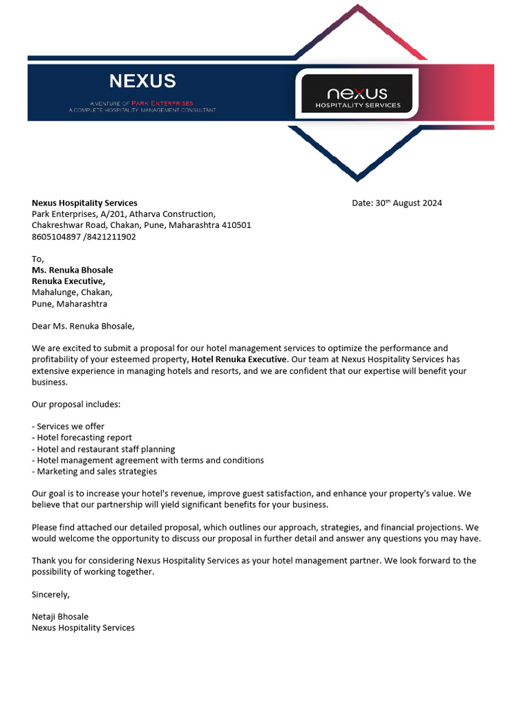 Hotel Management Proposal for Renuka Executive | PDF