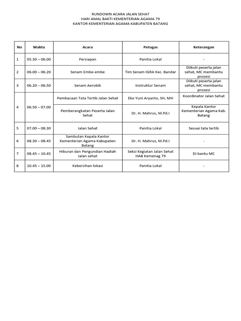 Rundown Acara Jalan Sehat Kemenag 79 | PDF