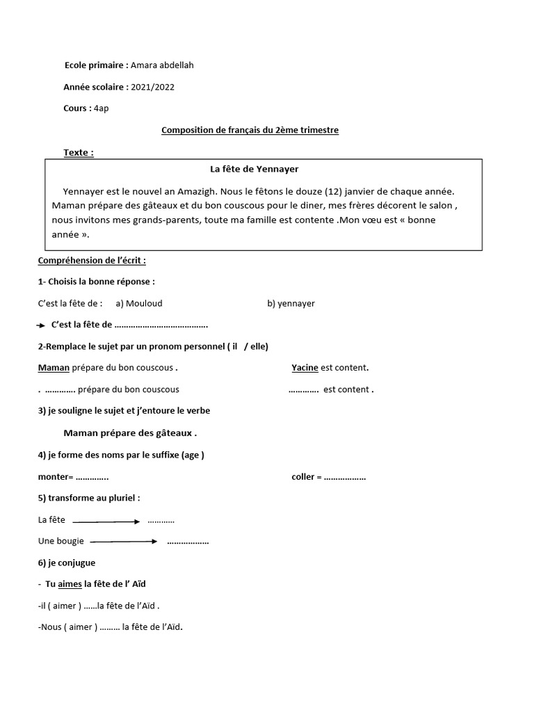 Composition de français 4AP : Yennayer et Mouloud | PDF