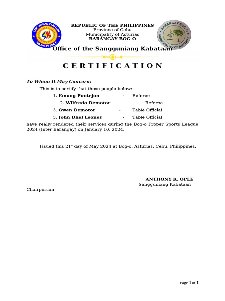 Certification For Referees and Table Officials (TEMPLATES) | PDF