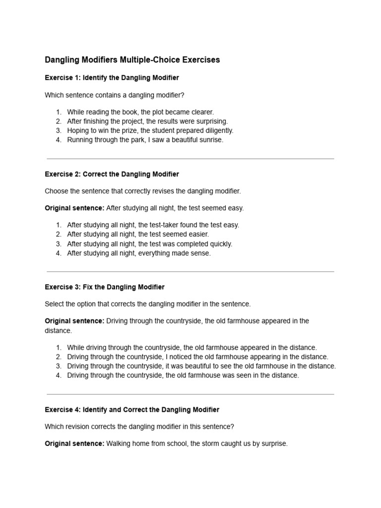 Dangling & Misplaced Modifiers Exercises | PDF | Multiple Choice