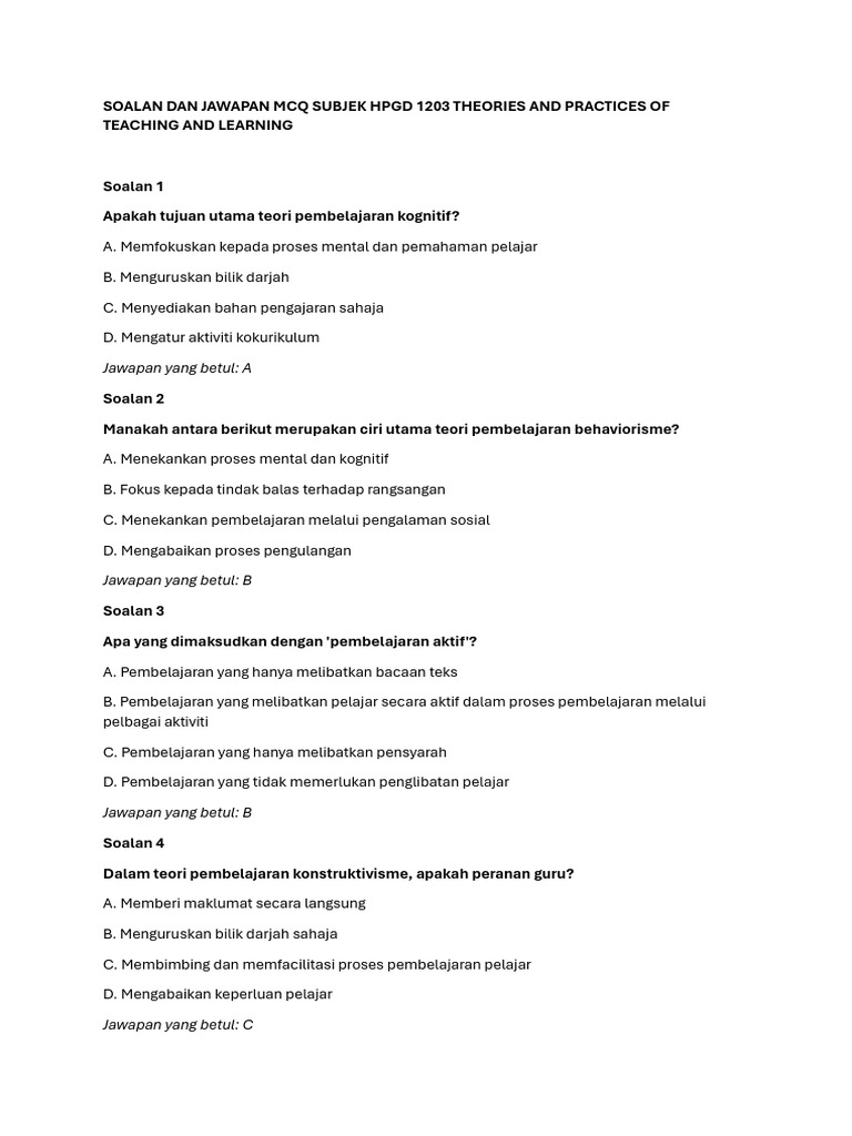 Soalan Dan Jawapan MCQ Theories and Practices of Teaching and Learning | PDF