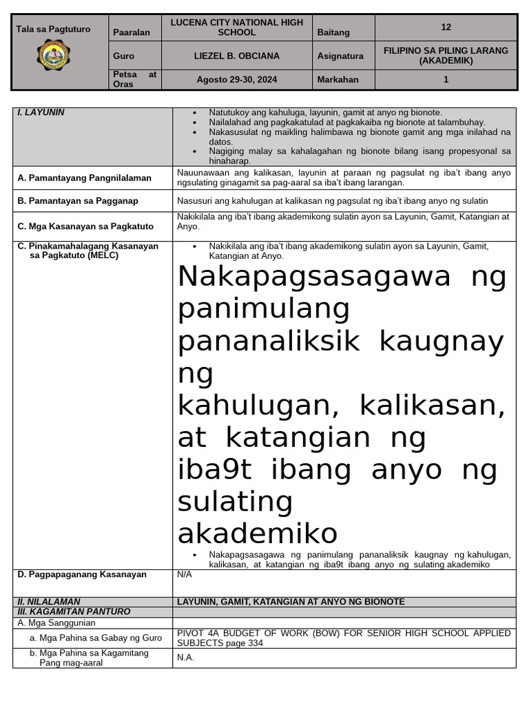 Quarter 1 - Day 6 - Katangian, Layunin, Gamit at Anyo NG Bionote | PDF