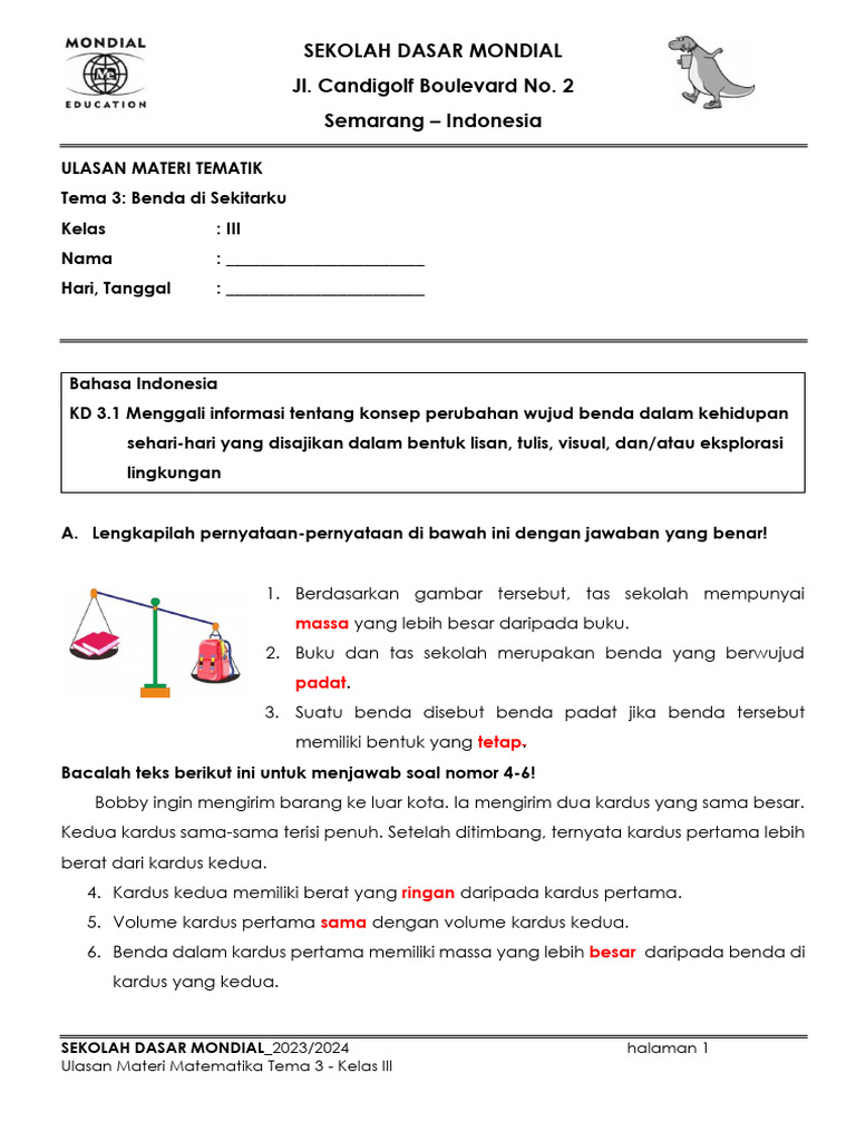 Kunci Jawaban Ulasan Materi Tema 3 (BI, Matematika, SBdP) Kelas III_2023 | PDF