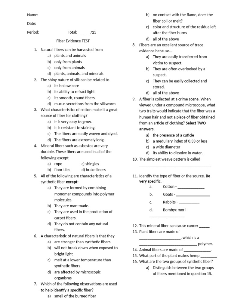 Fiber Evidence Test Questions and Answers | PDF | Fibers | Organic ...
