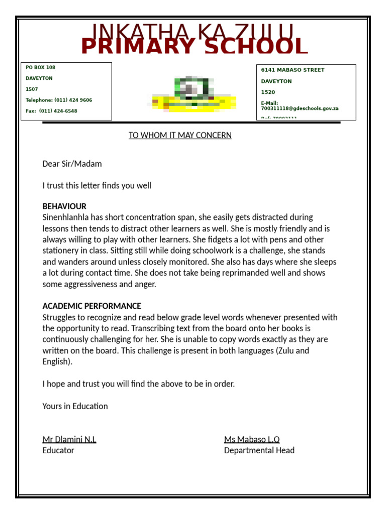 Sinenhlanhla Mhlanga Letter | PDF