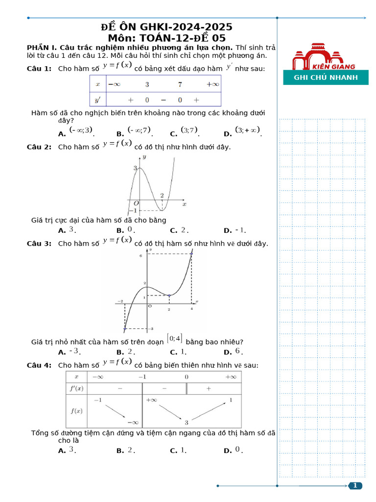 ÔN GHKI-2024-2025 Môn: TOÁN-12-05: PH N I. Câu TR C Nghi M Nhi Uph Ngánl Ach N. Câu 1 | PDF