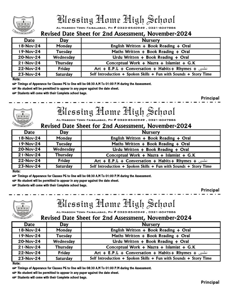 Class Nur 2nd Assessment Revised Date Sheet 071124 | PDF