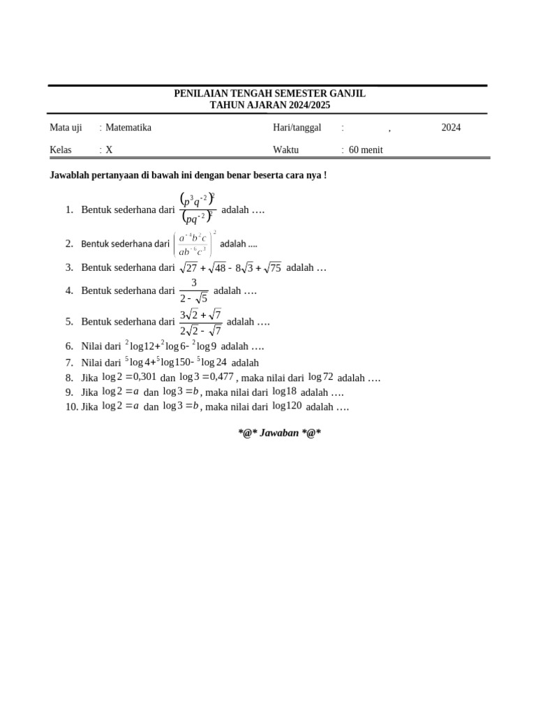 Soal PTS Ganjil Kelas X Matematika 2024 | PDF