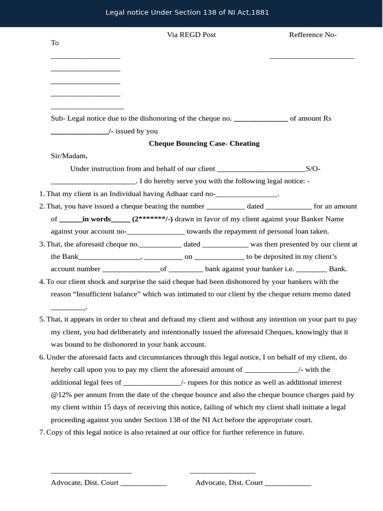 Legal Notice for Cheque Bounce Under NI Act | PDF | Cheque | Banks