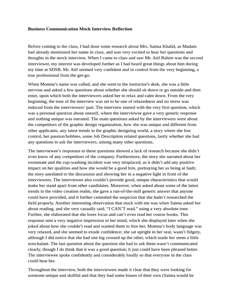 Business Communication Mock Interview Reflection | PDF