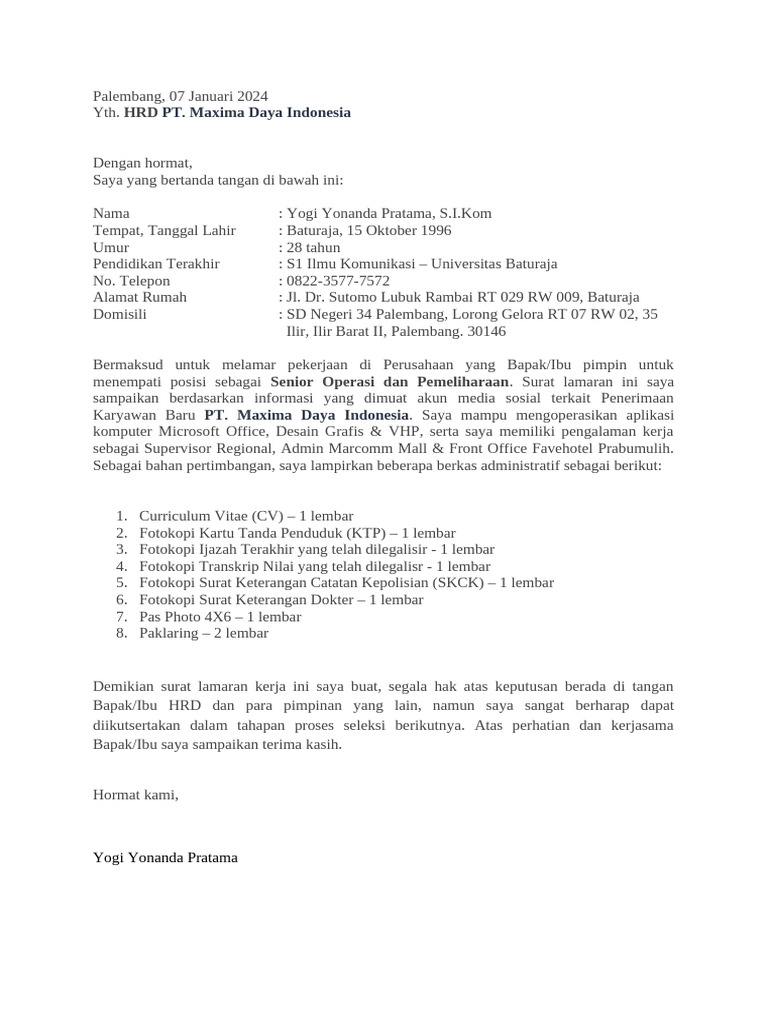 Lamaran Yogi Yonanda Pratama - Senior Operasi Dan Pemeliharaan - PT. Maxima Daya Indonesia | PDF