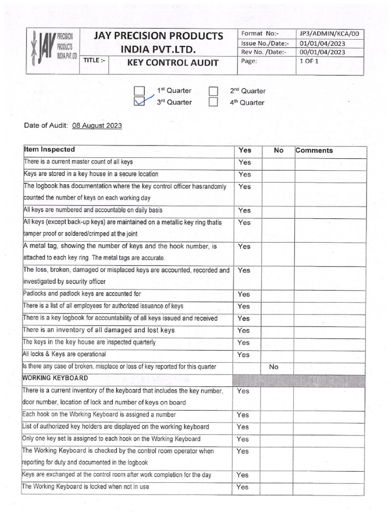 Key Control Audit 8 Aug 23 | PDF