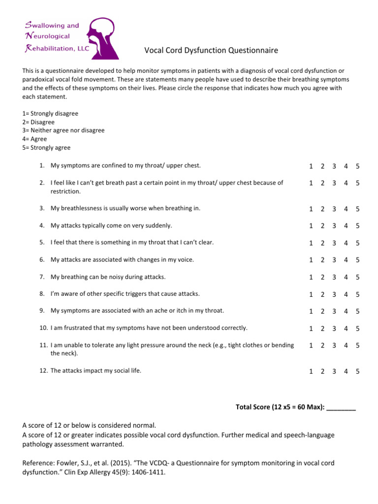 Vocal Cord Dysfunction Questionnaire | PDF | Diseases And Disorders ...