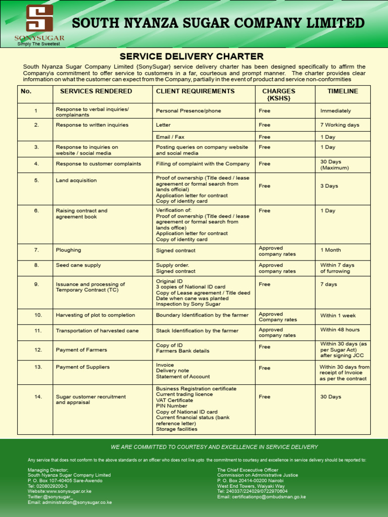 SONY SUGAR SERVICE DELIVERY CHARTER English | PDF