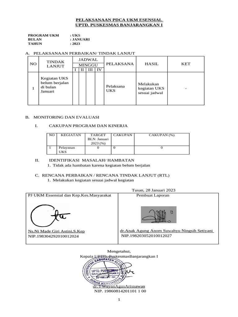 Januari Uks Pdca 2023 | PDF