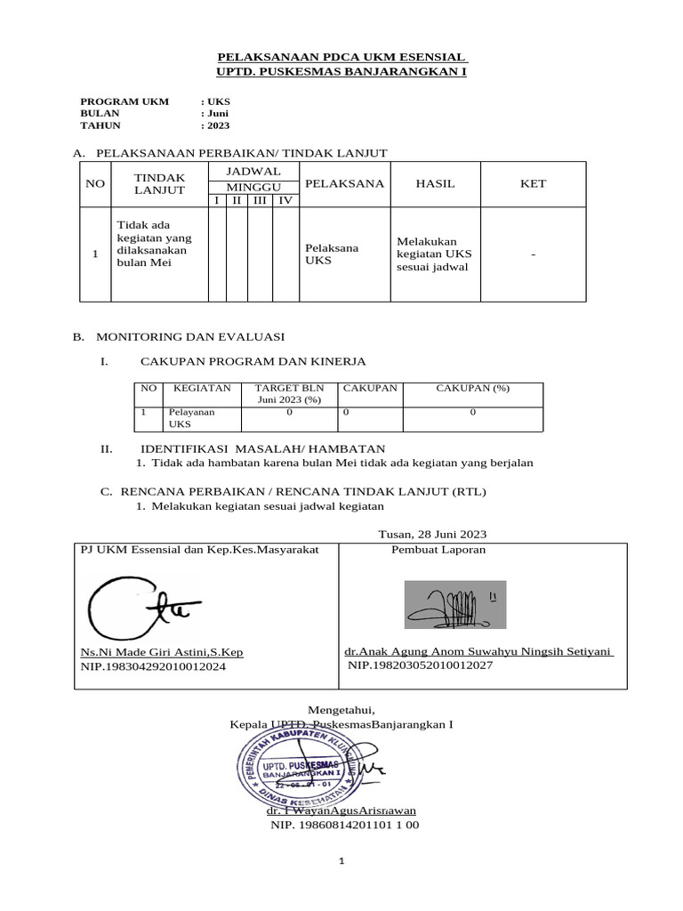 JUNI UKS PDCA 2023 | PDF