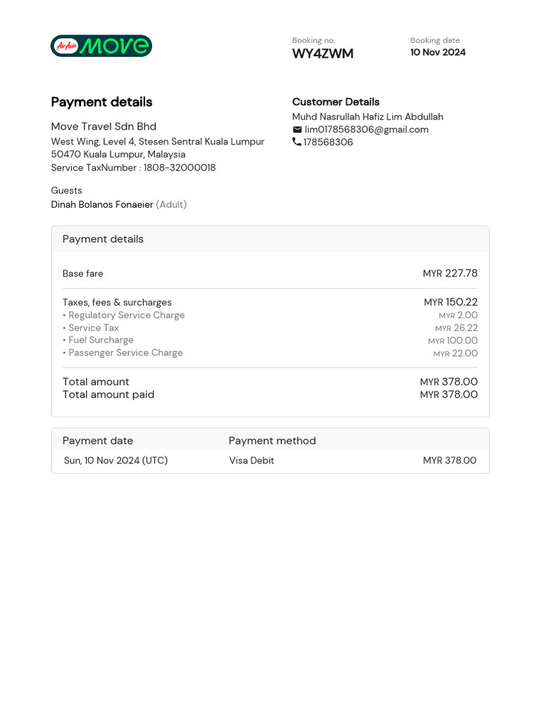 AirAsia Invoice for Booking WY4ZWM | PDF