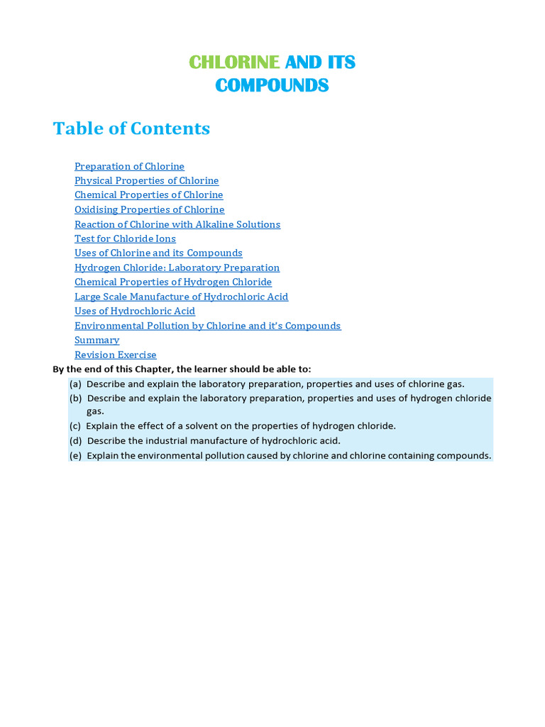 Chlorine: Properties and Reactions | PDF | Chlorine | Hydrogen