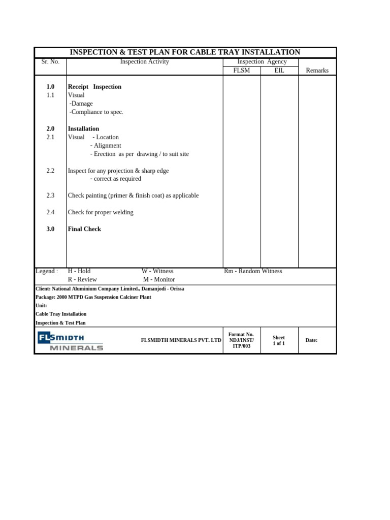 Itp For Cable Tray Installation | PDF