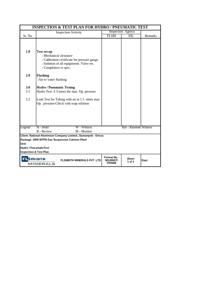 Itp for Hydro or Pneumatic Testing | PDF