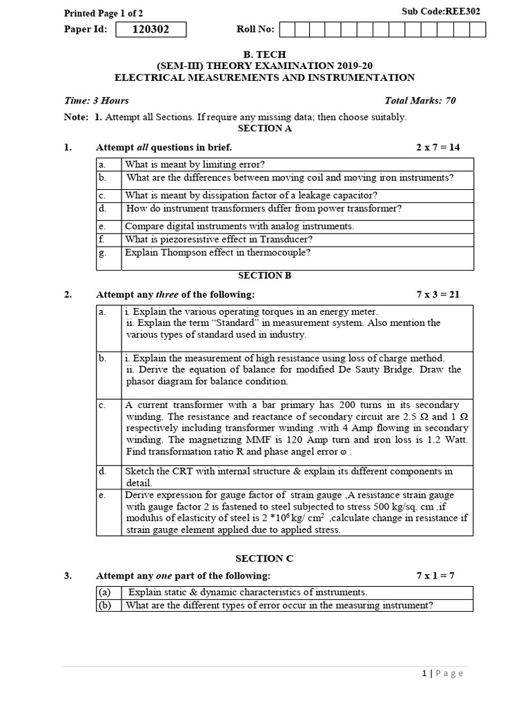 Btech Ee 3 Sem Electrical Measurements and Instrumentation Ree302 2020 | PDF | Transformer ...