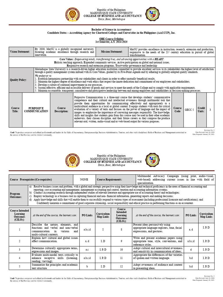 OBE-Course-Syllabus-Purposive Comm | PDF | Communication | Curriculum