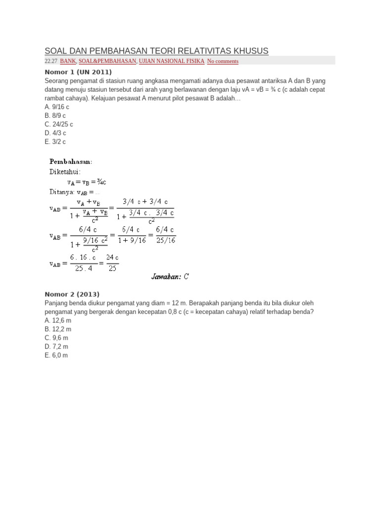 SOAL DAN PEMBAHASAN TEORI RELATIVITAS KHUSUS | PDF