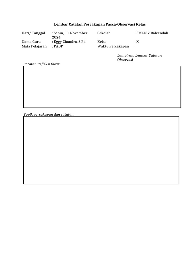 Lembar Catatan Percakapan Pasca-Observasi Kelas .. | PDF