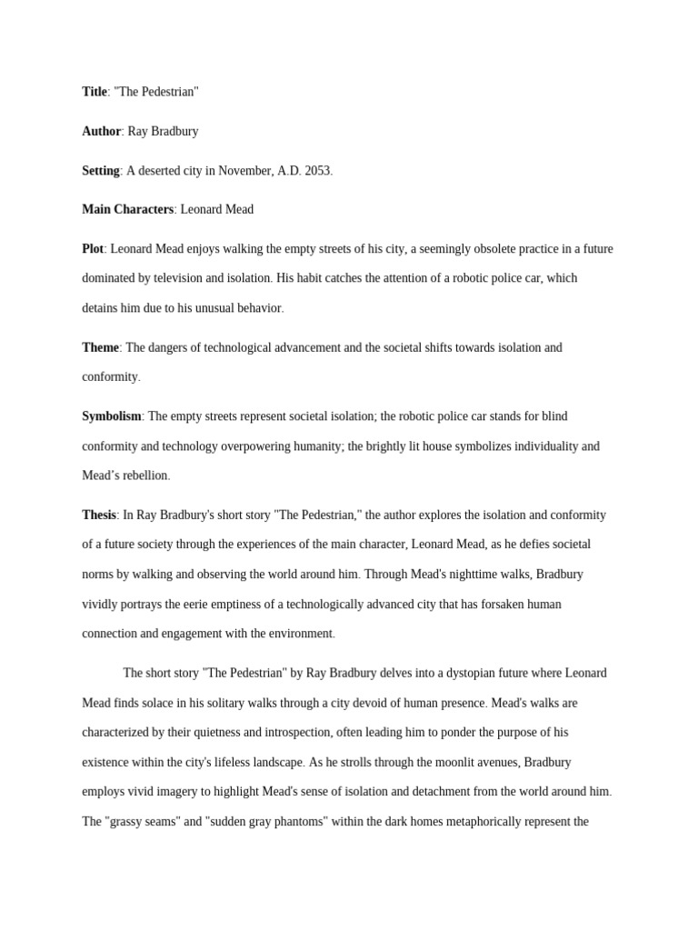 The Pedestrian Short Story Analysis | PDF