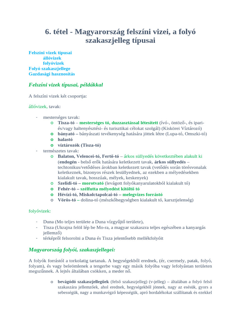 Tétel - Magyarország Felszíni Vízei, A Folyó Szakaszjelleg Típusai | PDF
